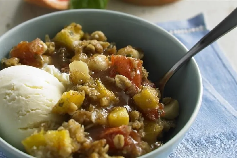 Recipes: Gingered Grapefruit & Pineapple Basil Macadamia Crisp